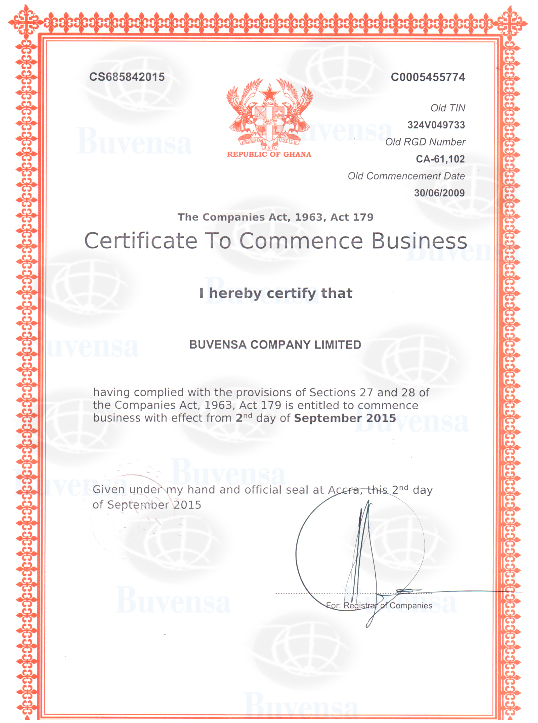 Certification || Buvensa Company Limited
